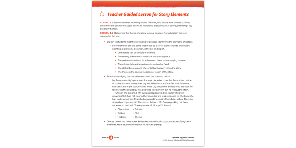 Teacher Guided Lesson and Downloadable for Story Elements - Fly Five